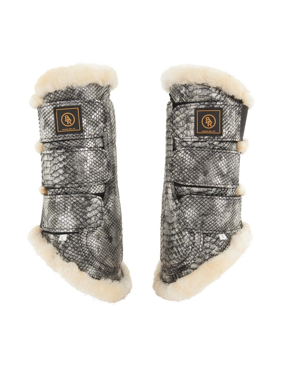 BR Equestrian Shiny Lizard Fleece Brushing Boots Black Silver ...